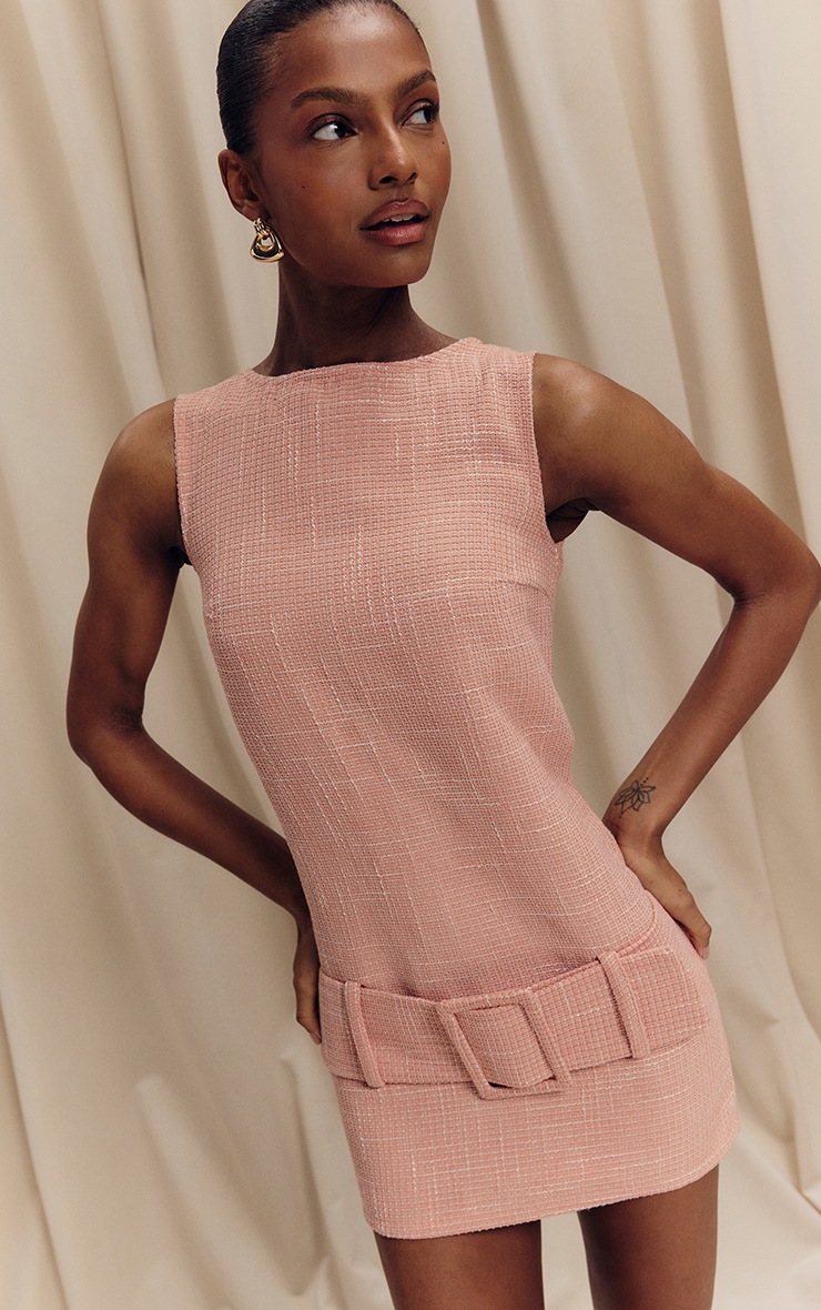 Peach Boucle Oversized Low Belt Shift Dress | Dresses | PLT
