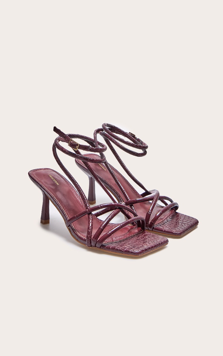Burgundy Croc Tube Strappy Mid Stiletto Heel Sandals | Footwear | PLT