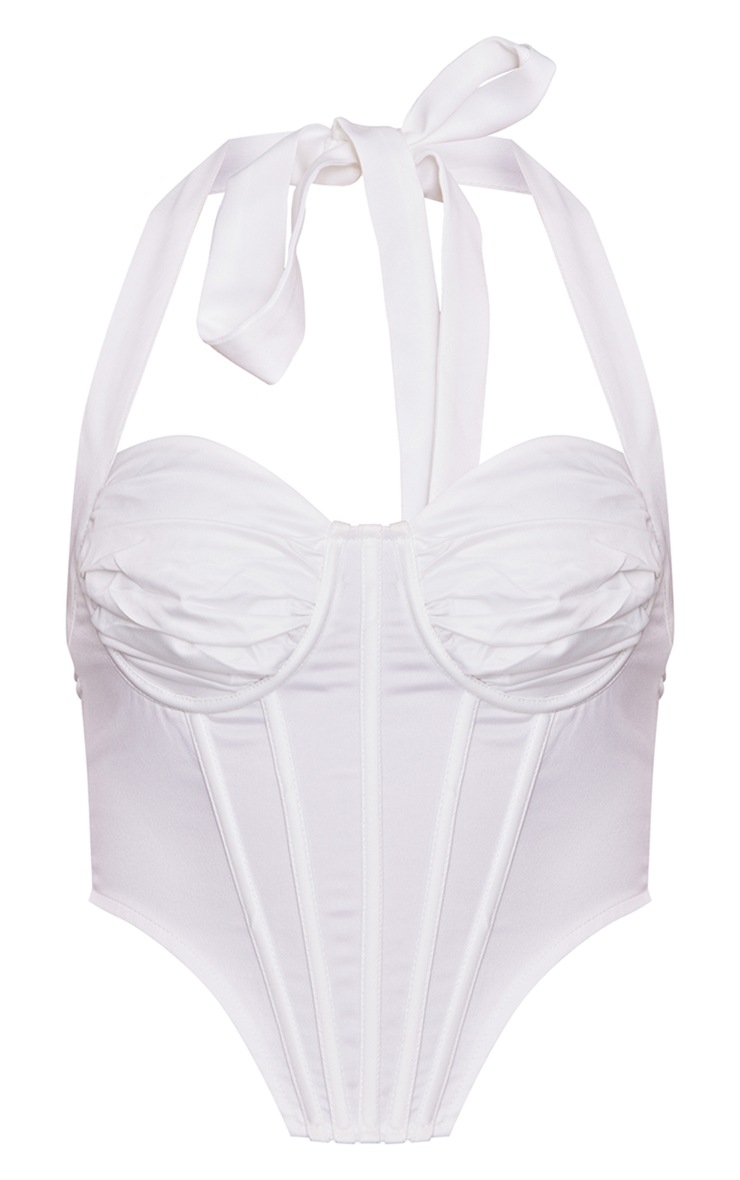 White Satin Ruched Bust Halter Corset | Tops | PLT KSA
