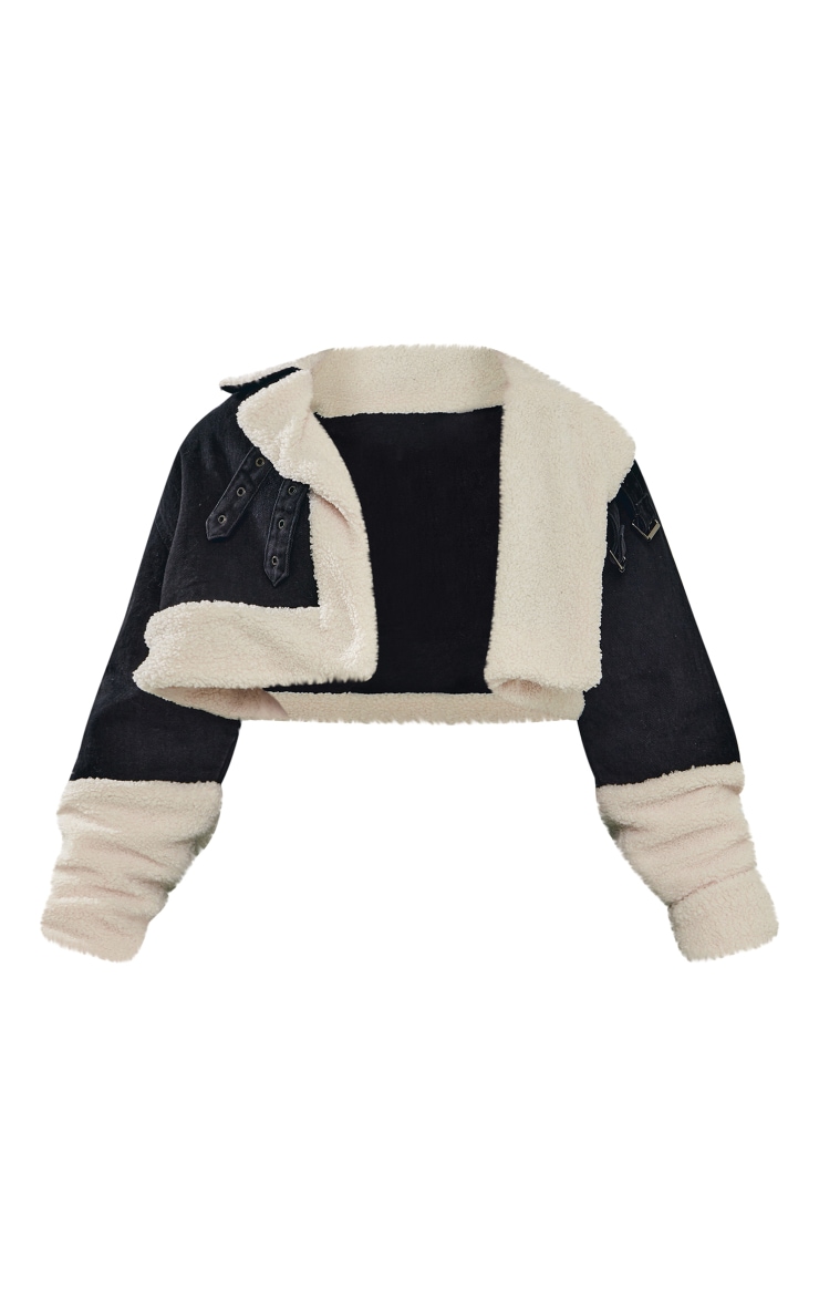 Black Cropped Denim Borg Contrast Aviator Jacket | PrettyLittleThing USA