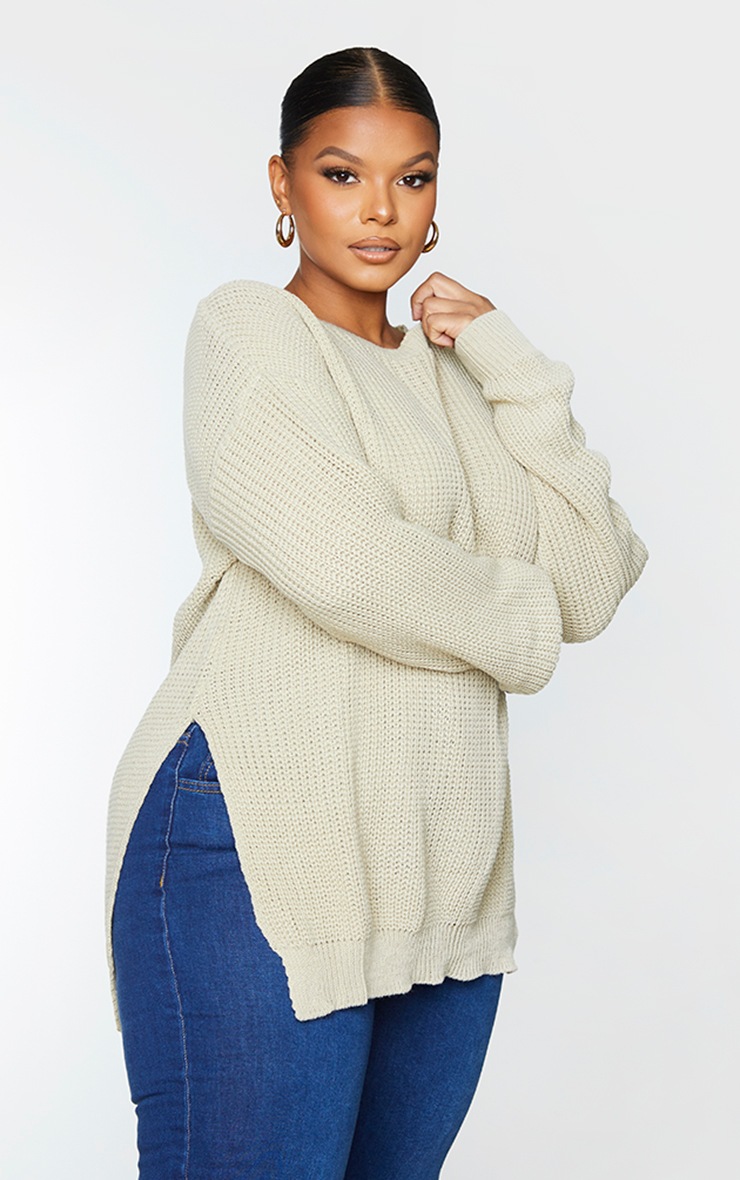 Plus Stone Round Neck Side Split Jumper | PrettyLittleThing