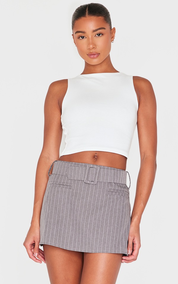 Charcoal Pinstripe Belted Micro Mini Skirt | Bottoms | PrettyLittleThing CA