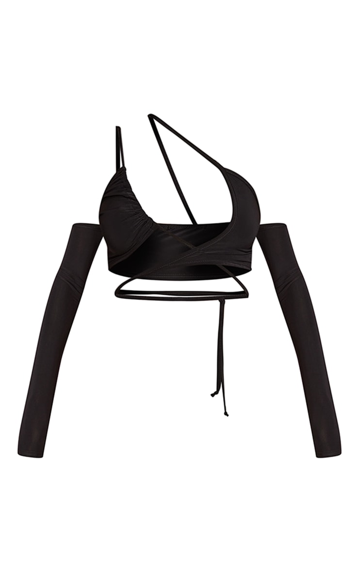 Black Slinky Strappy Long Sleeve Crop Top | PrettyLittleThing