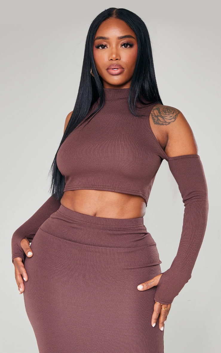 Shape Crop Top Doux Marron Chocolat Côtelé À Col Montant Et Épaules ...