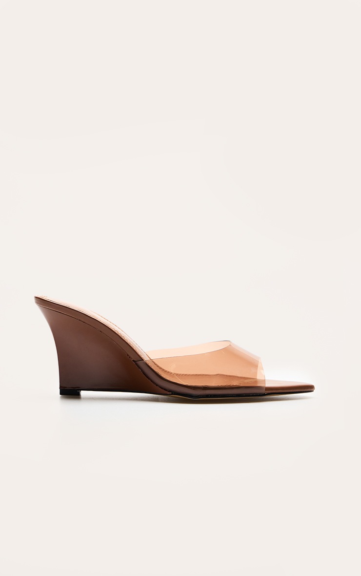 Brown Wide Fit Perspex Strap Heeled Wedges | Footwear | PLT