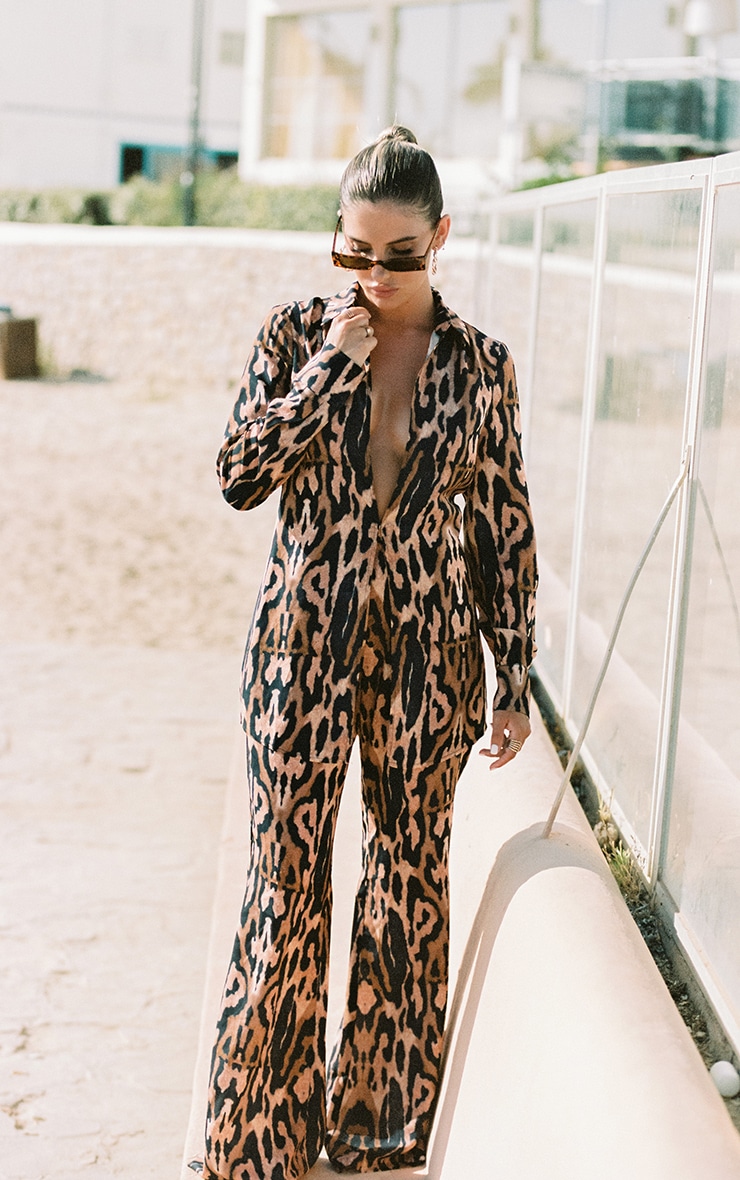 Brown Leopard Print Wide Leg Pants | PrettyLittleThing USA