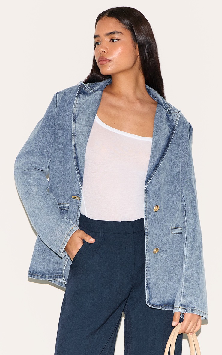 Tall Vintage Mid Wash Oversized Denim Blazer | Tall | PrettyLittleThing KSA