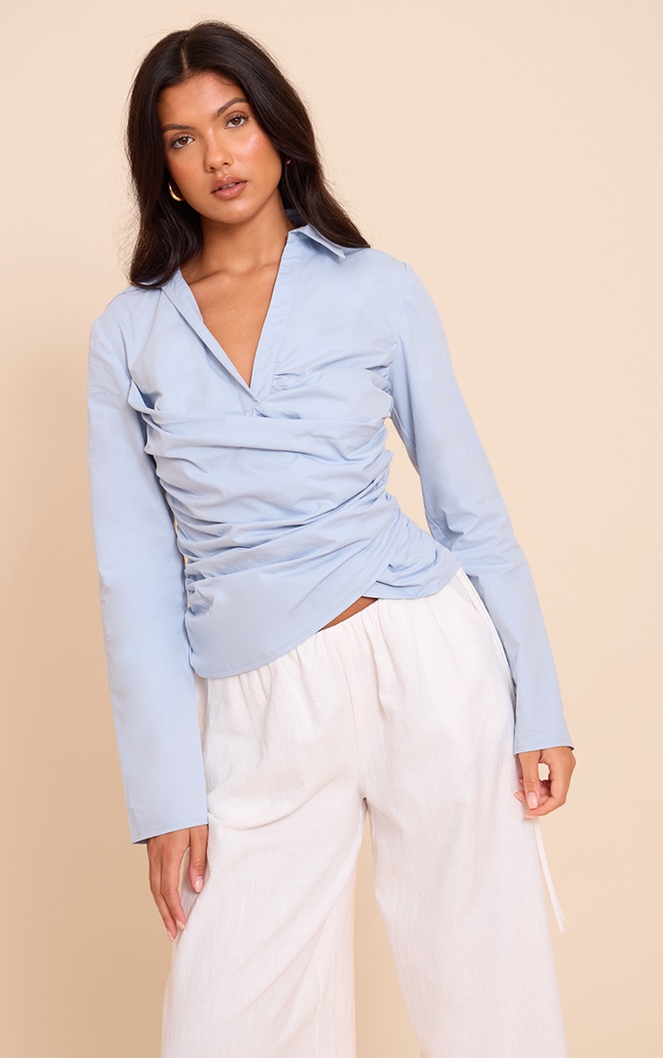Blue Cotton Fitted Wrap Detail Shirt | Tops | PLT USA