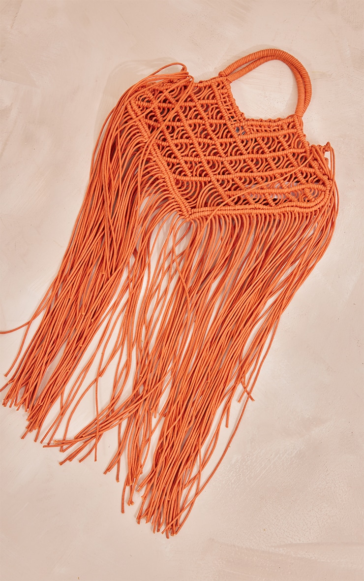 Bright Orange Macrame Tassel Beach Bag | PrettyLittleThing USA