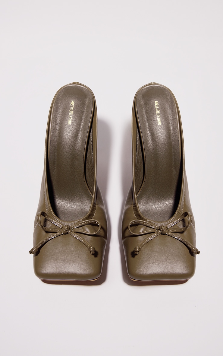 Olive PU Square Toe Bow High Stiletto Heeled Mules | Footwear | PLT