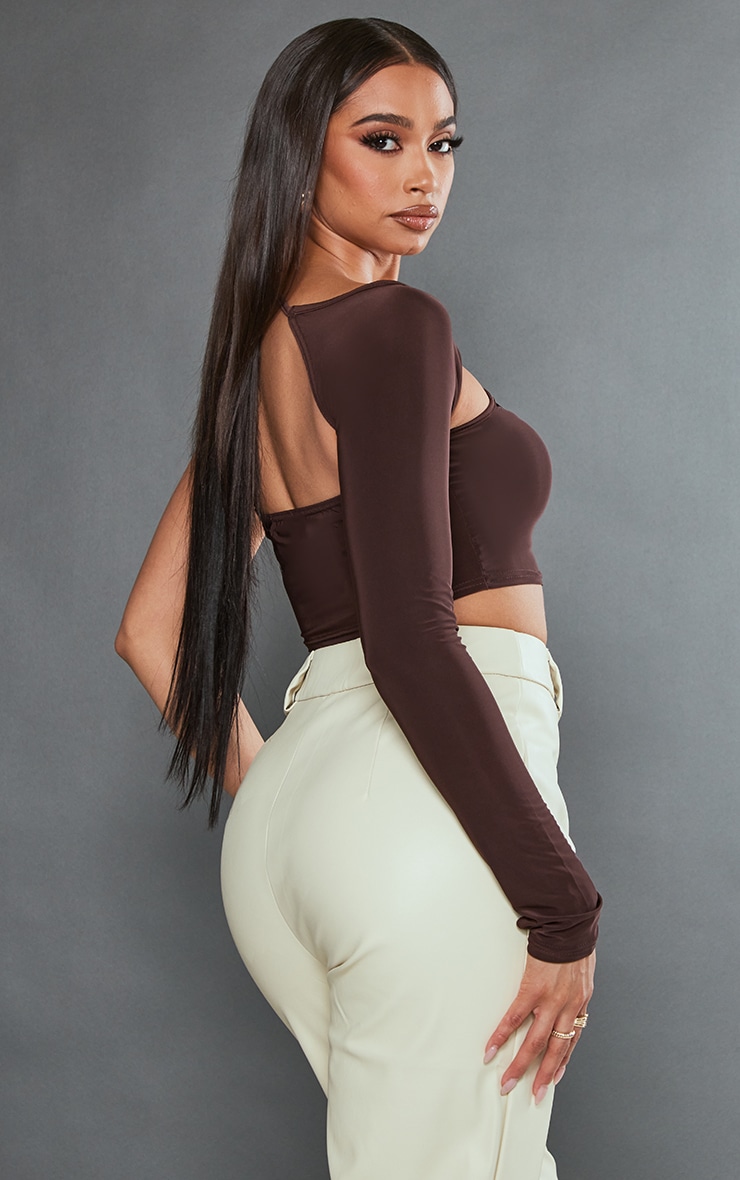 Chocolate Slinky Cut Out One Sleeve Crop Top | PrettyLittleThing USA
