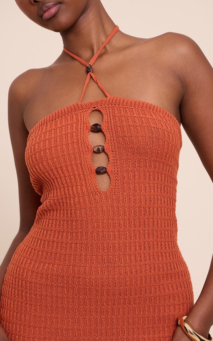 Rust Knitted Halterneck Bead Fringe Mini Dress | Knitwear | PLT
