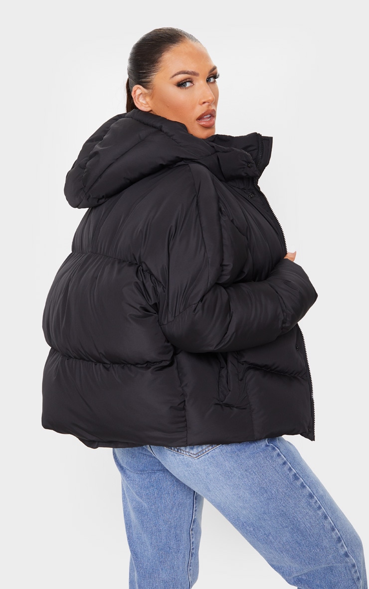 Black Nylon Oversized Curved Wadded Puffer Jacket | Outerwear ...
