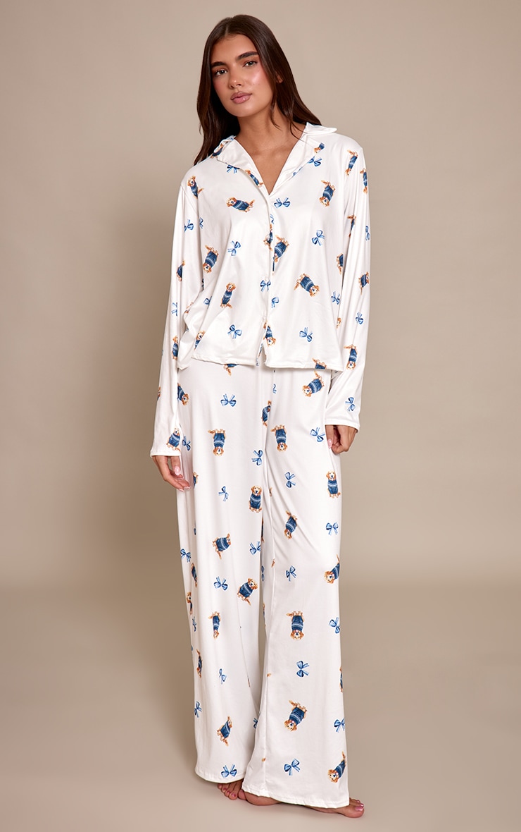 Blue Puppy Print Long Sleeve Button Through Pj Set | Lingerie & Nightwear | PLT USA