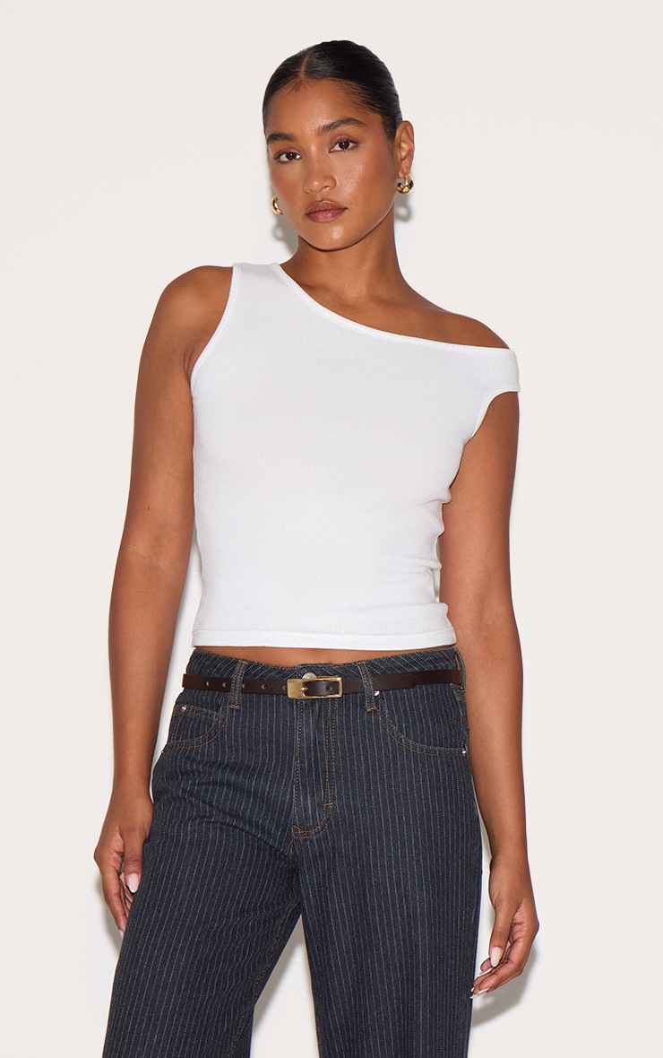 White Ribbed Asymmetric Detail Vest Top | Tops | PrettyLittleThing USA