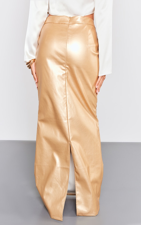 Gold Metallic Faux Leather Maxi Skirt | Bottoms | PrettyLittleThing USA