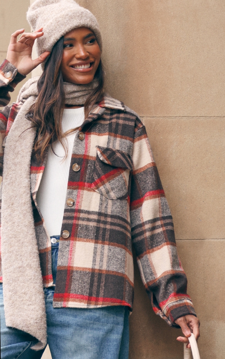 Brown Wool Look Checked Shacket | Outerwear | PrettyLittleThing IE