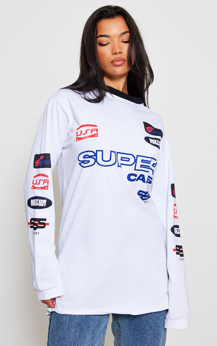 White Long Sleeve Super Car Print T-shirt | PrettyLittleThing KSA