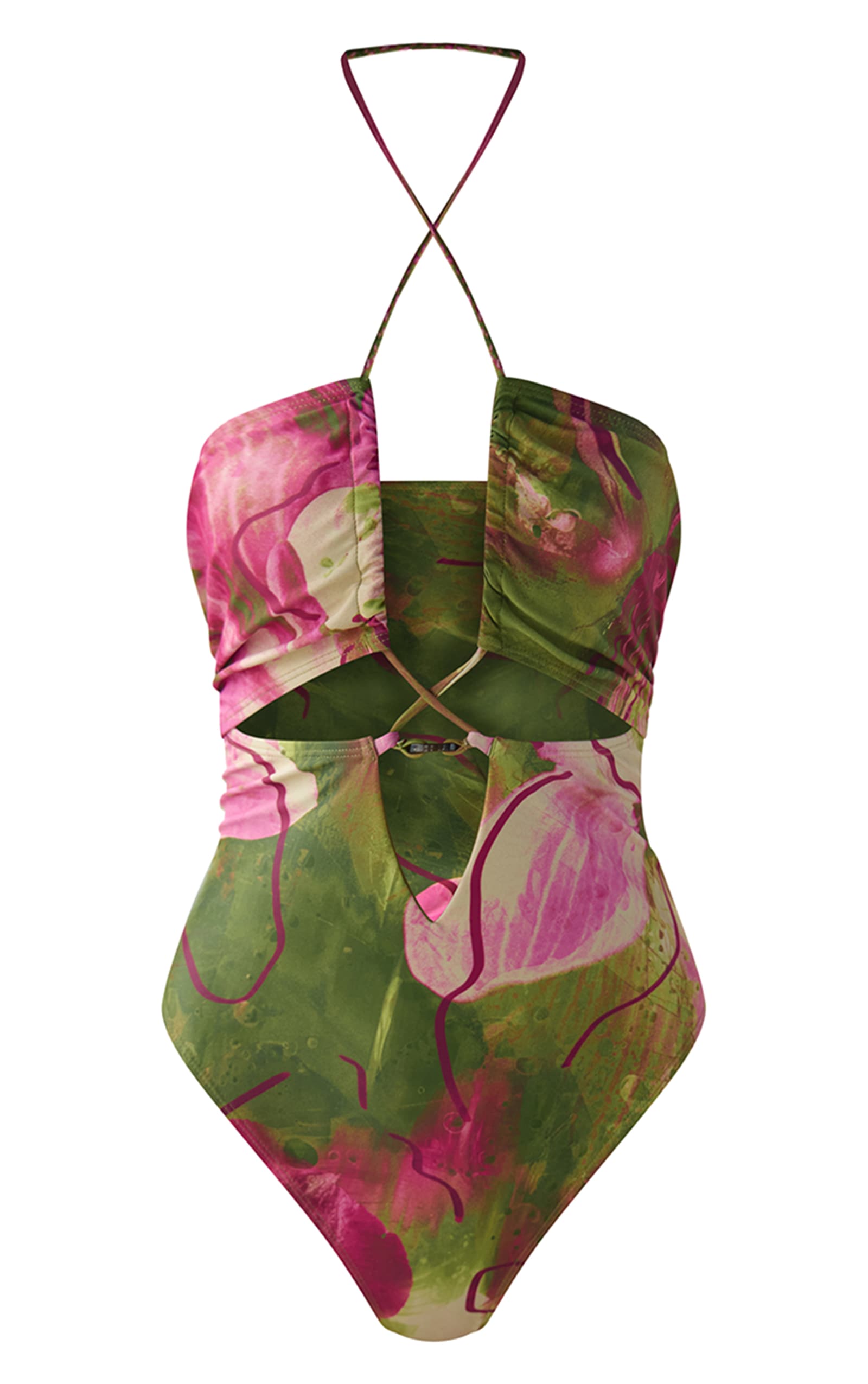 Olive Orchid Print Halter Neck Cut Out Swimsuit | Swimwear | PLT