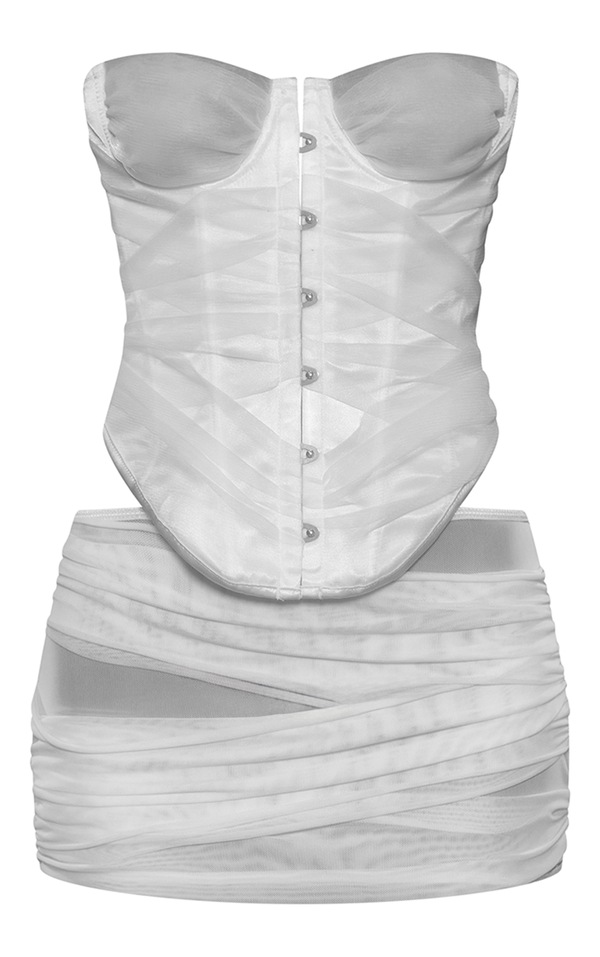 White Mesh Wrap Around Corset And Skirt Lingerie Set Prettylittlething Ire