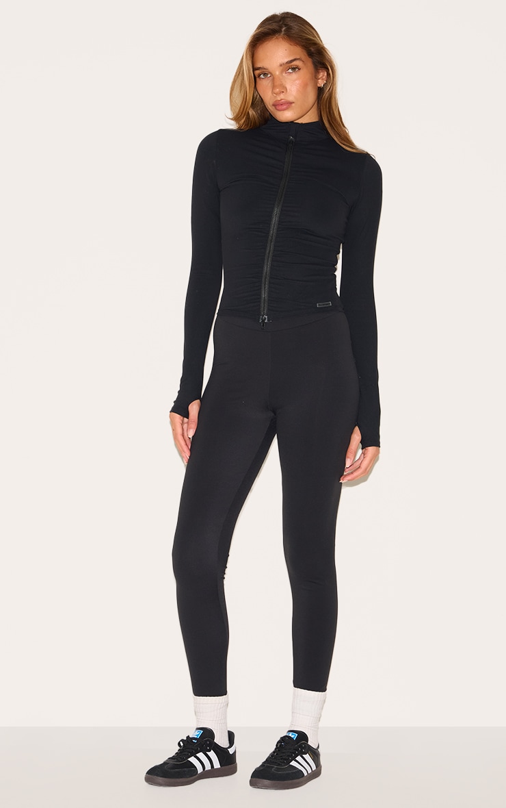 Black Sculpt Ruched Front Zip Up Sport Jacket | Athleisure ...