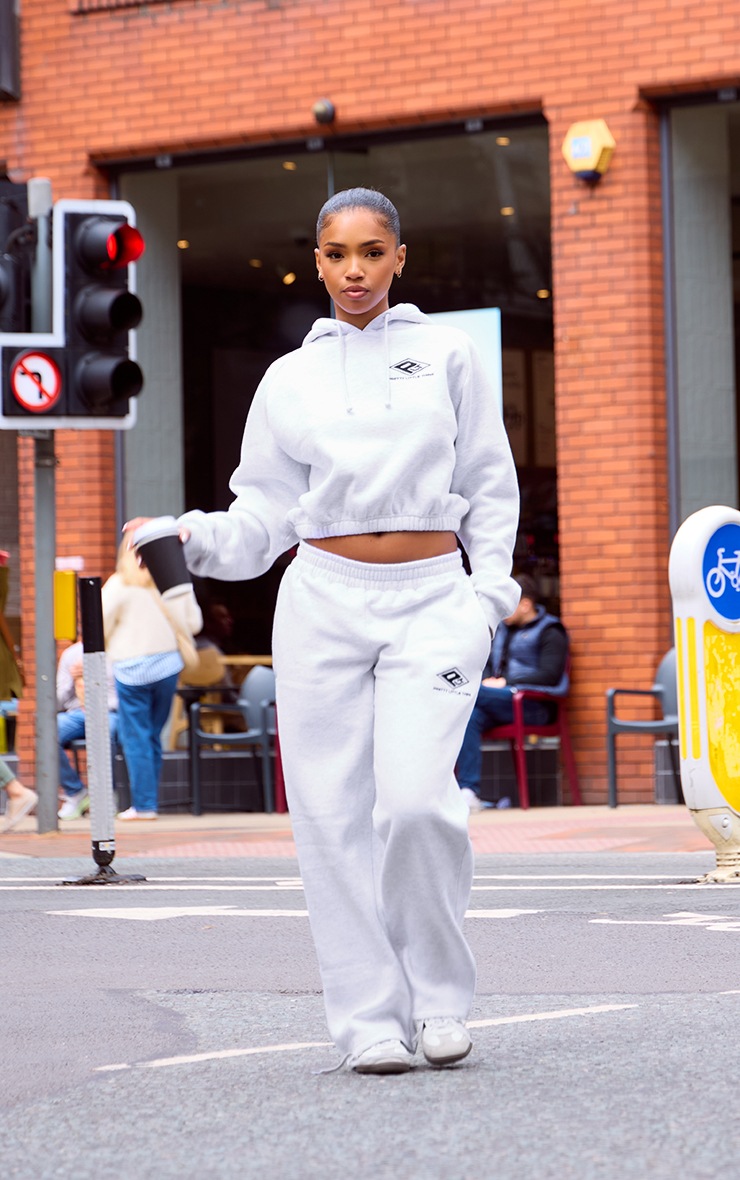 PLT Grey Marl Embroidered Cinched Waist Crop Hoodie | Sweat | PrettyLittleThing USA