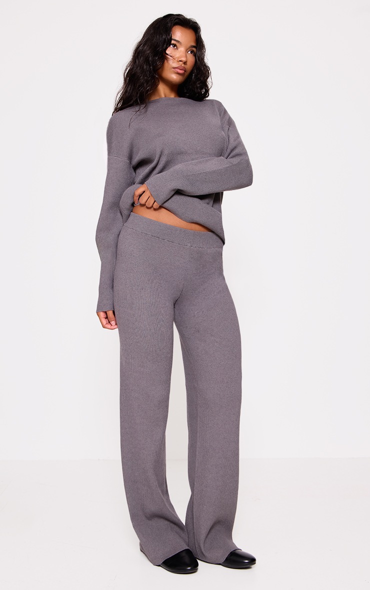 Grey Light Rib Knit Oversized Top | Knitwear | PLT