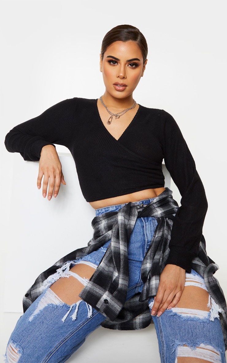 Tall Black Wrap Over Long Sleeve Rib Crop Top | Tall | PrettyLittleThing