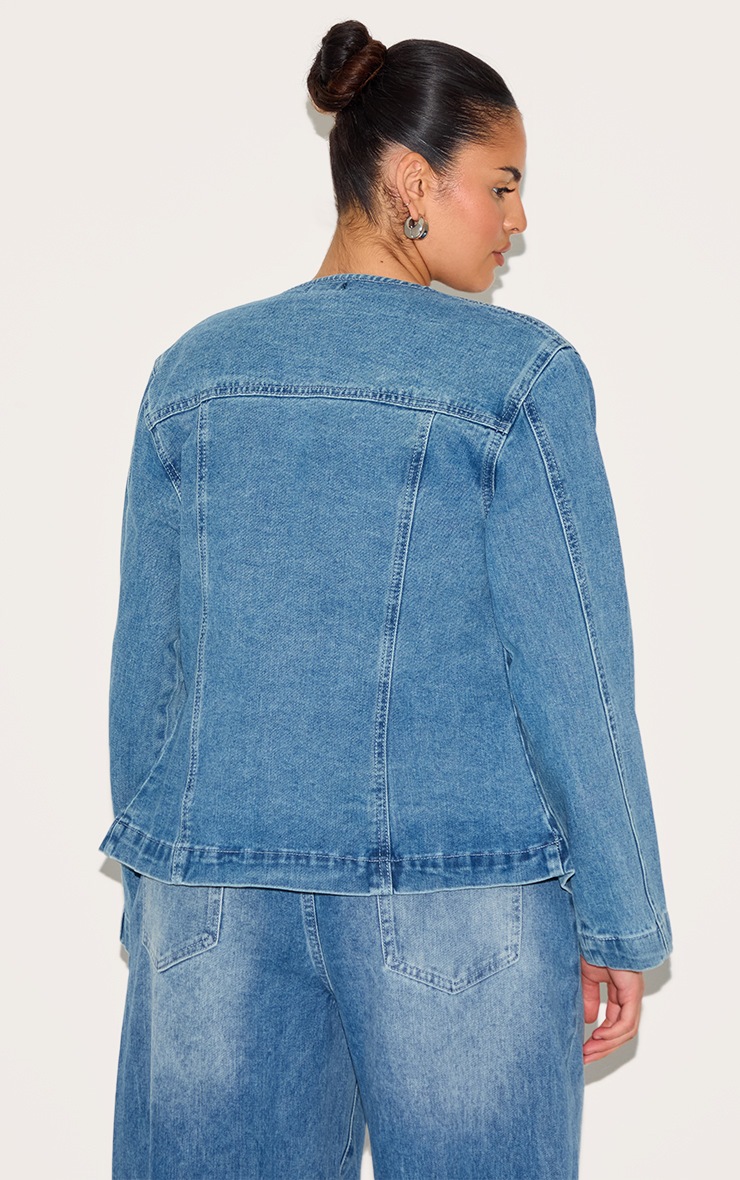 Plus Mid Blue Wash Mid Blue Wash Cinched Round Neck Denim Jacket | Plus ...