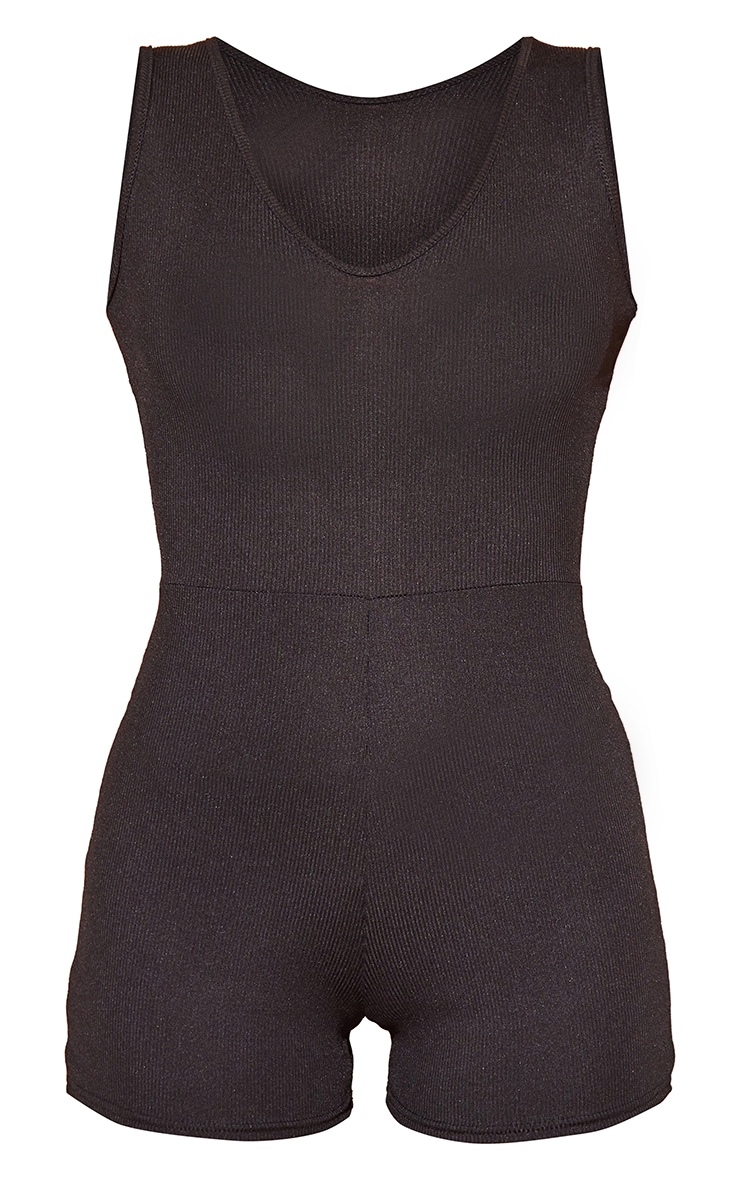 Black Rib V Neck Unitard | PrettyLittleThing
