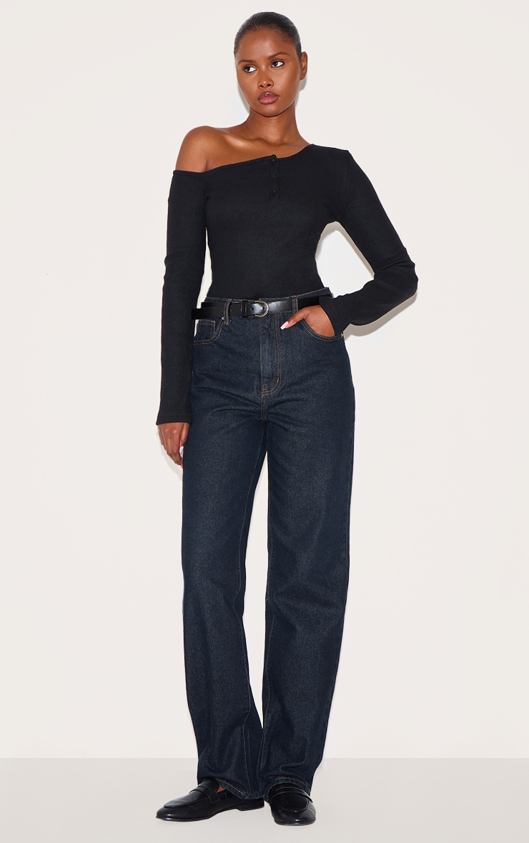 Black Rib Button Detail Asymmetric Long Sleeve Top | Tops | PLT