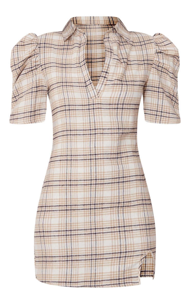 Stone Check Puff Sleeve V Neck Bodycon Dress | PrettyLittleThing