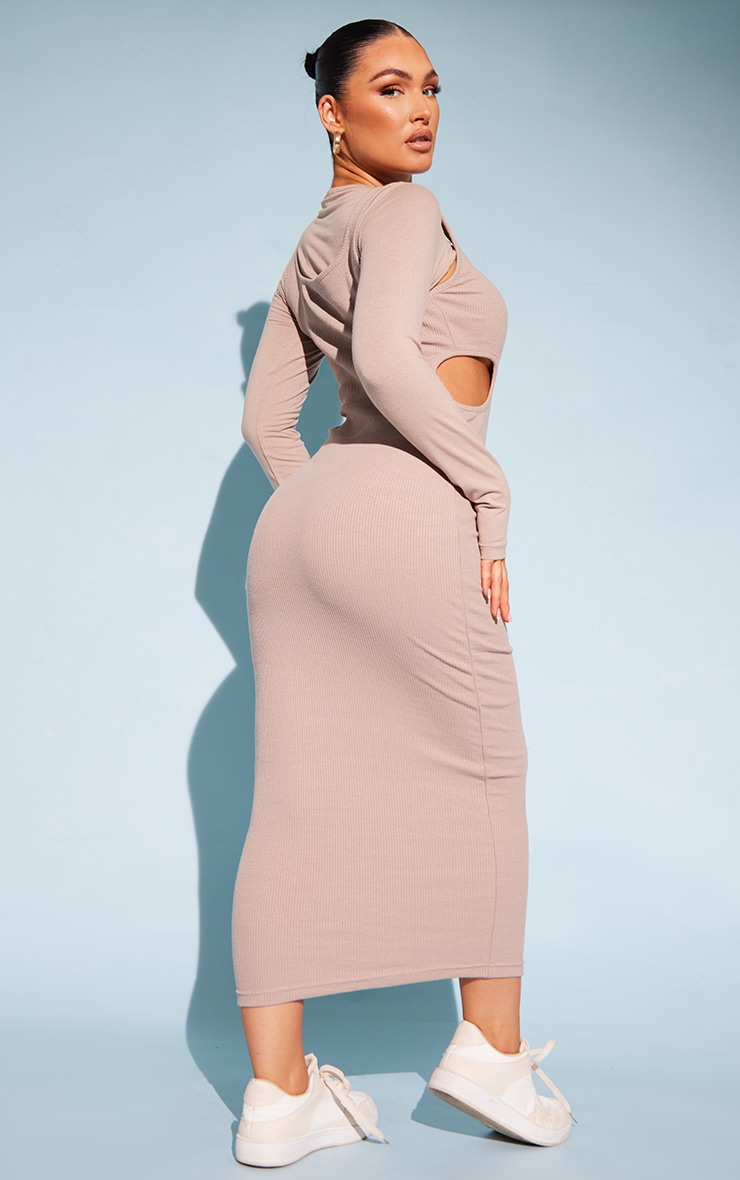 Mocha Rib Contrast Cut Out Midaxi Dress | PrettyLittleThing CA