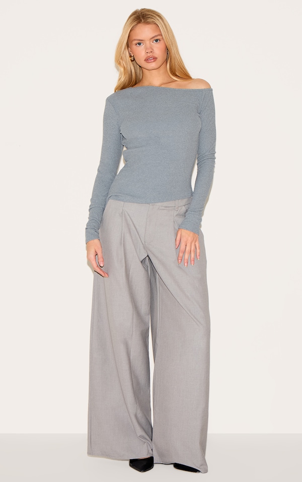 Grey Soft Touch Rib Asymmetric Long Sleeve Top | Tops | PLT