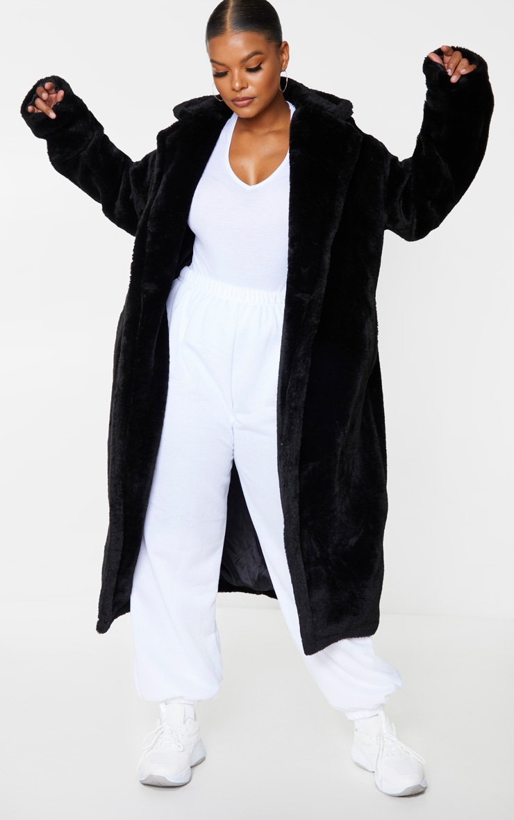 Plus Black Large Lapel Midaxi Faux Fur Coat | Plus Size | PrettyLittleThing