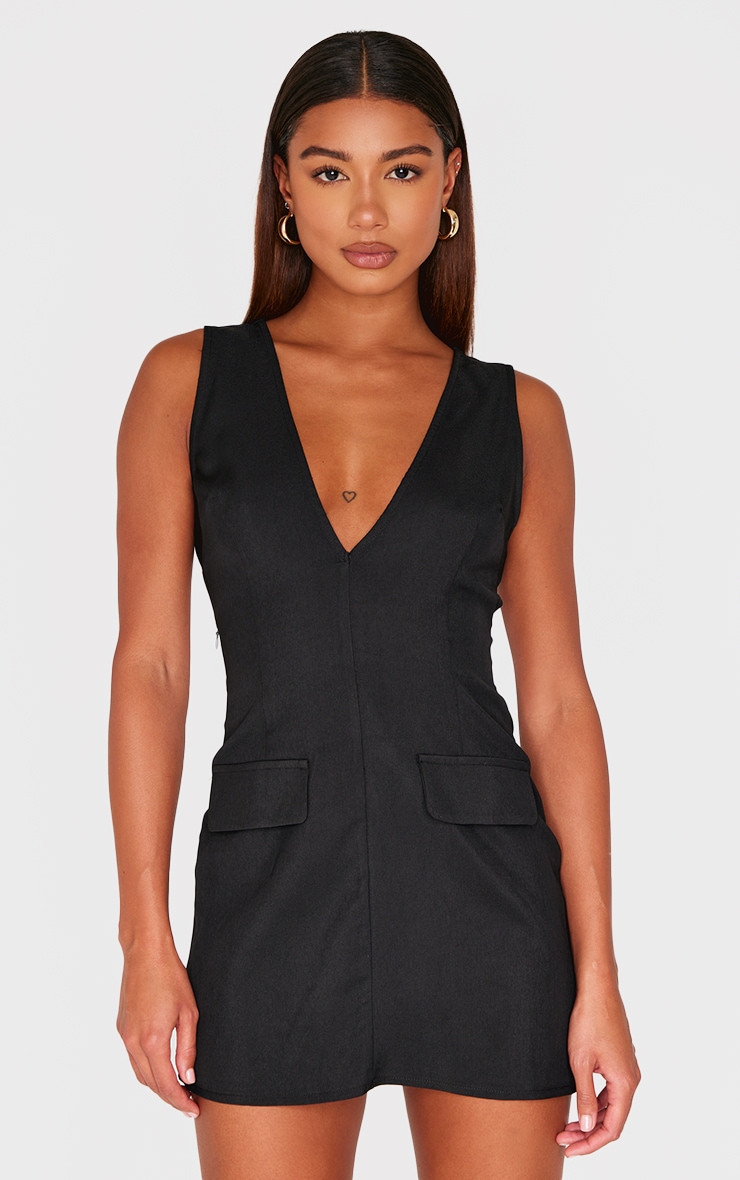 Mini Robe Noire Décolletée À Détail Poches | Robes | PrettyLittleThing FR