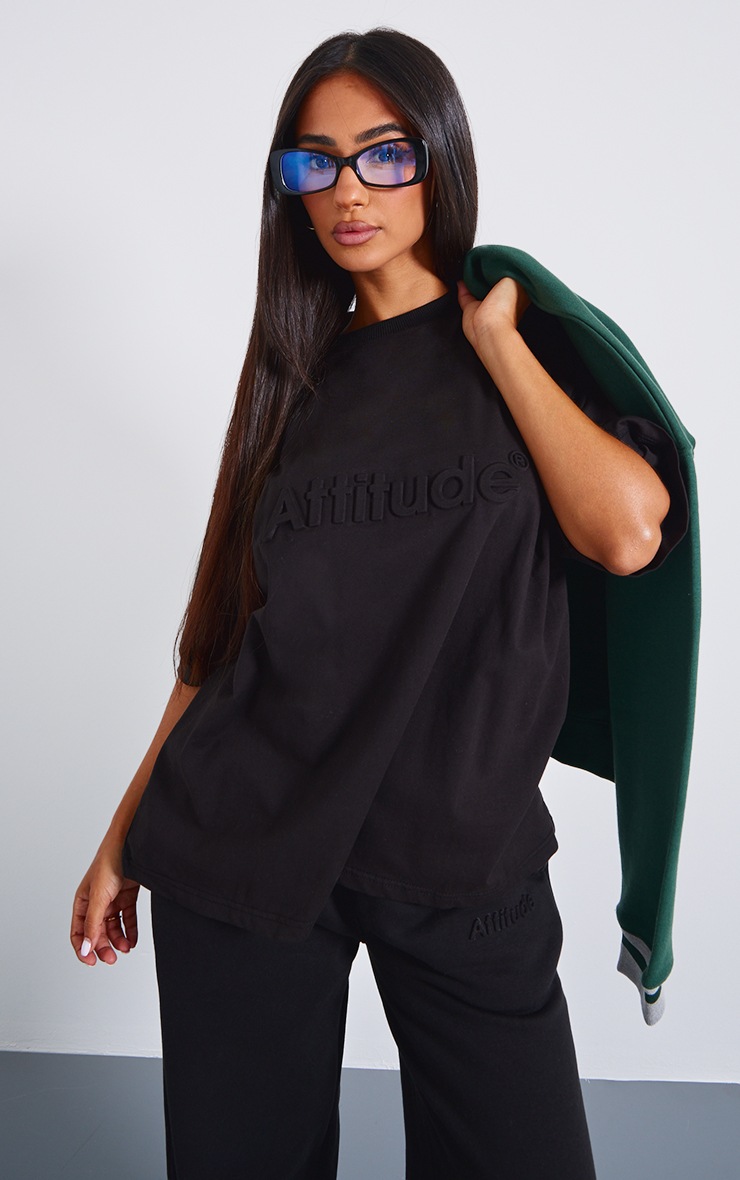 Petite Black Embossed Oversized T-shirt | Petite | PrettyLittleThing USA