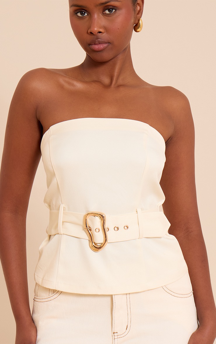 Cream Woven Belted Trim Detail Bandeau Top | Tops | PLT