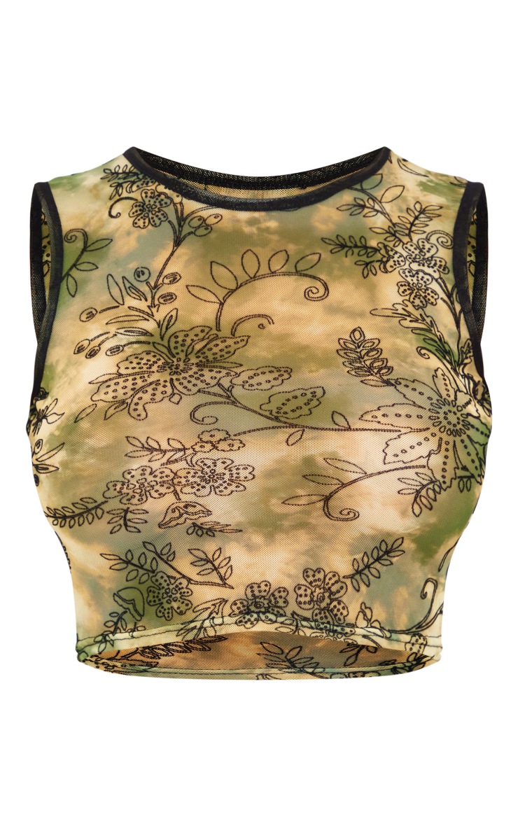 Green Printed Flock Racer Crop Top | Tops | PrettyLittleThing UAE