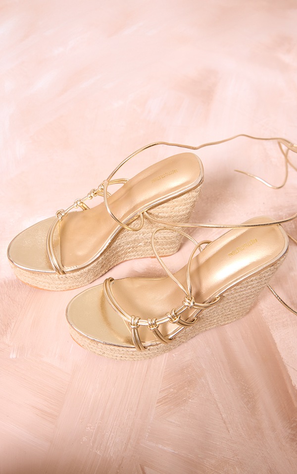 Gold Pu Round Toe Knot Detail High Heeled Wedges | Footwear | PLT