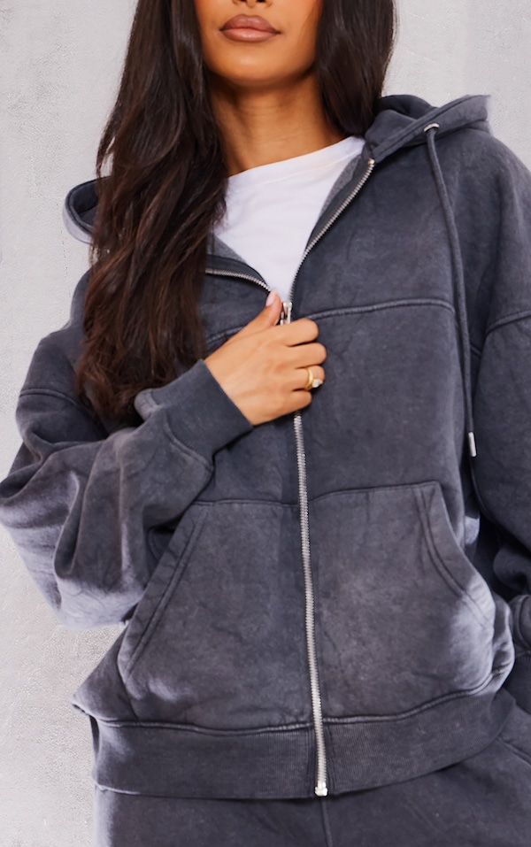 Petite Grey Washed Oversized Zip Up Hoodie | Petite | PLT USA