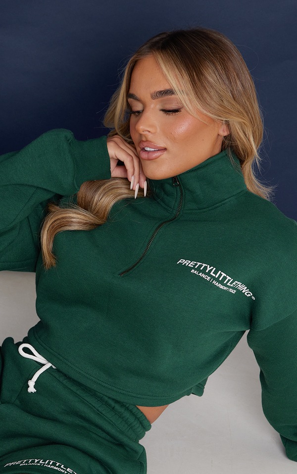 PLT Forest Green Print Logo Zip Up Cropped Sweat | Athleisure | PLT