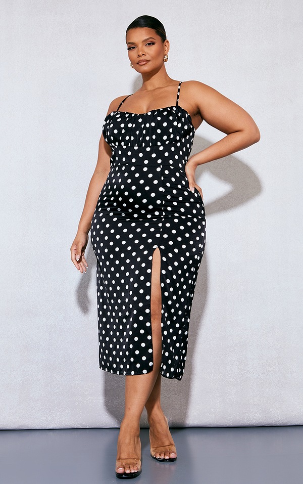 Plus Black Polka Dot Ruched Bust Split Midi Dress | PrettyLittleThing