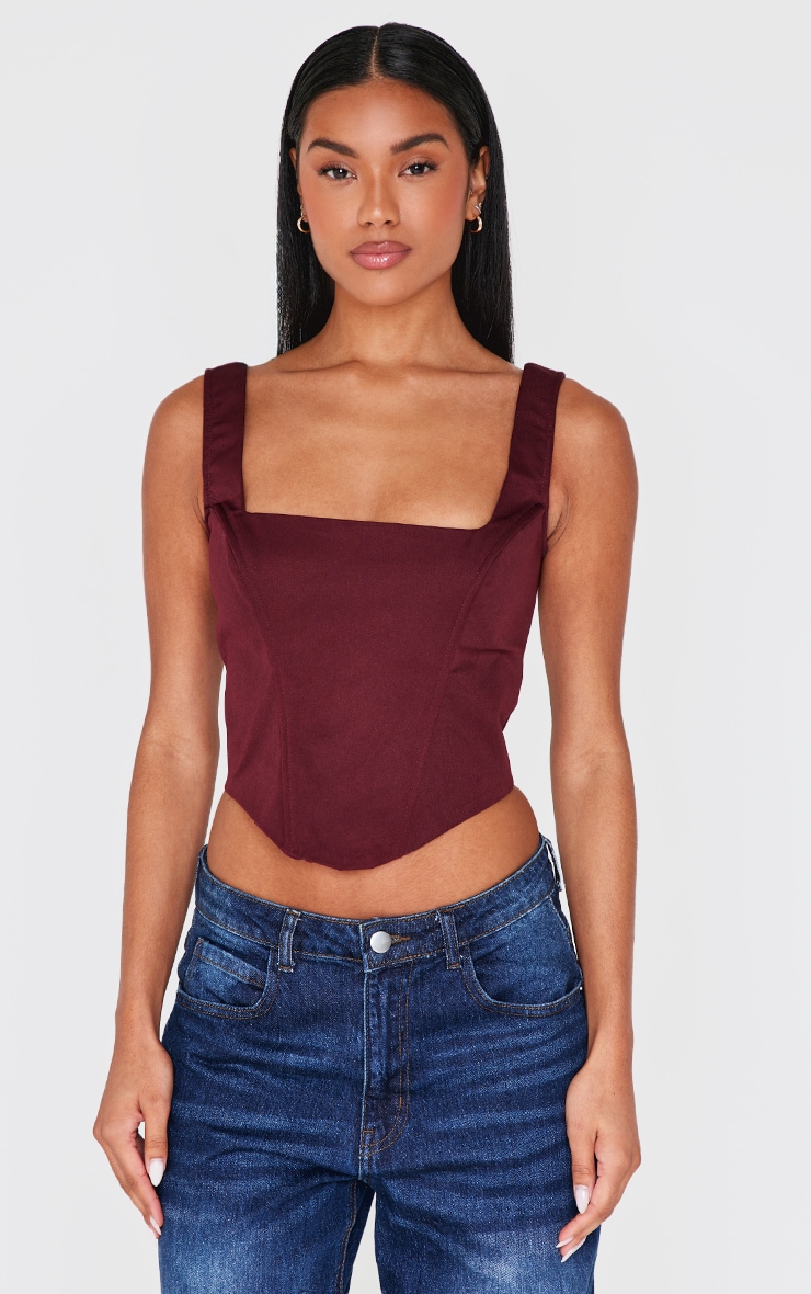 Burgundy Woven Corset | Tops | PrettyLittleThing IRE