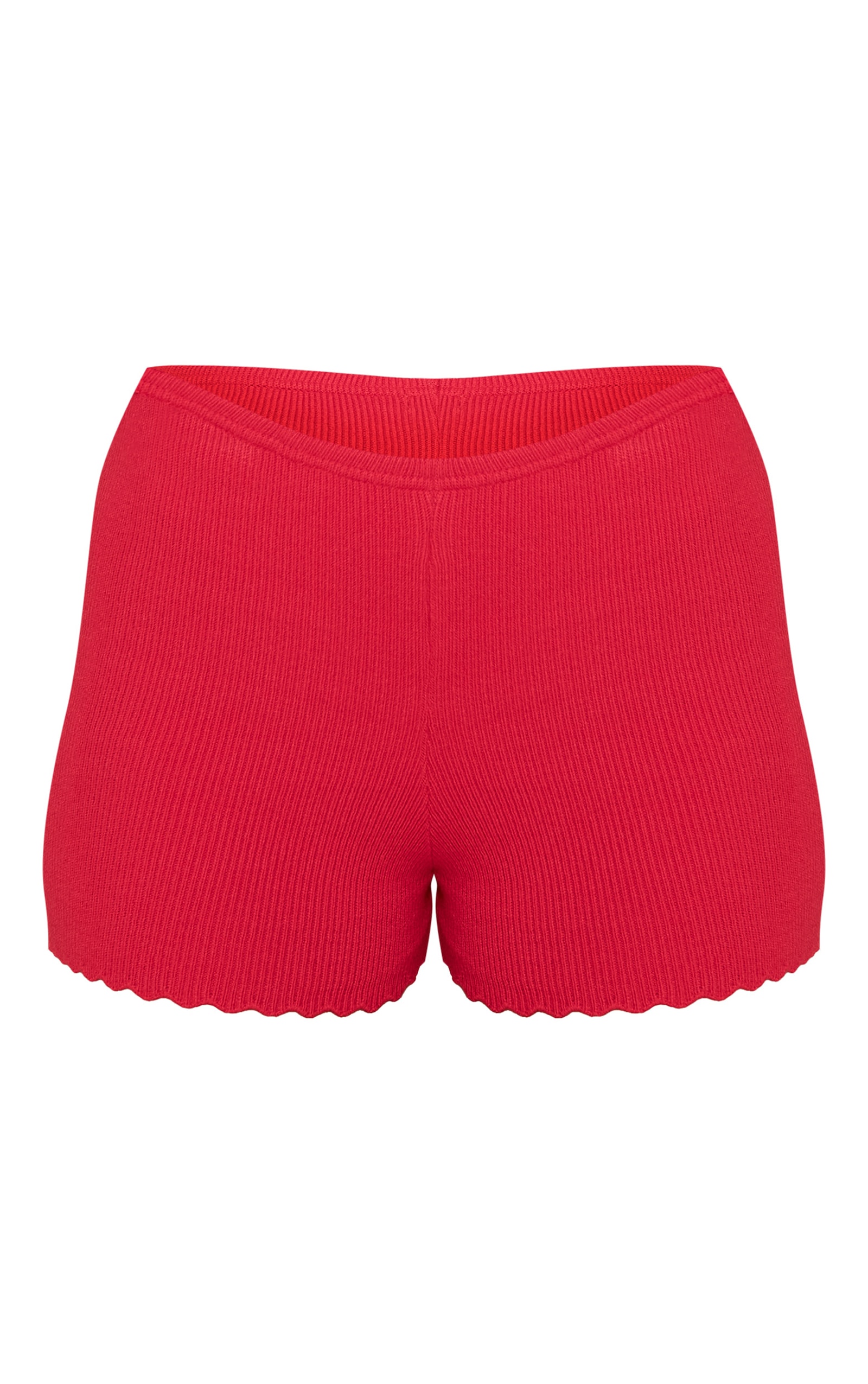 Red Knitted Scallop Edge High Waisted Shorts | Knitwear | PLT