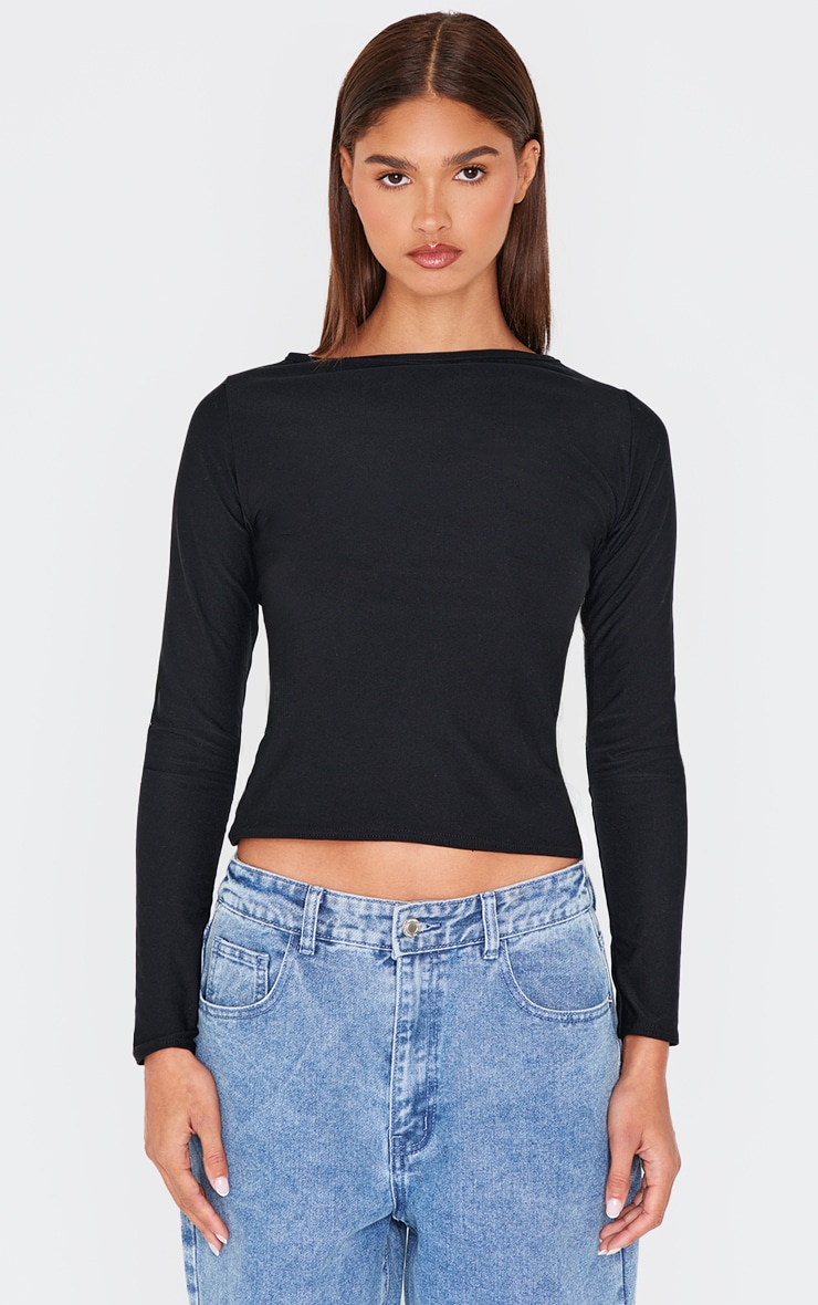 Black Soft Touch Boatneck Long Sleeve Top | Tops | PrettyLittleThing USA