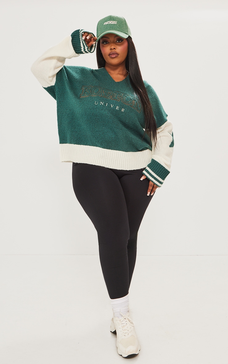 Plus Green Hooded V Neck Varsity Knit Sweater | Plus Size | PLT USA