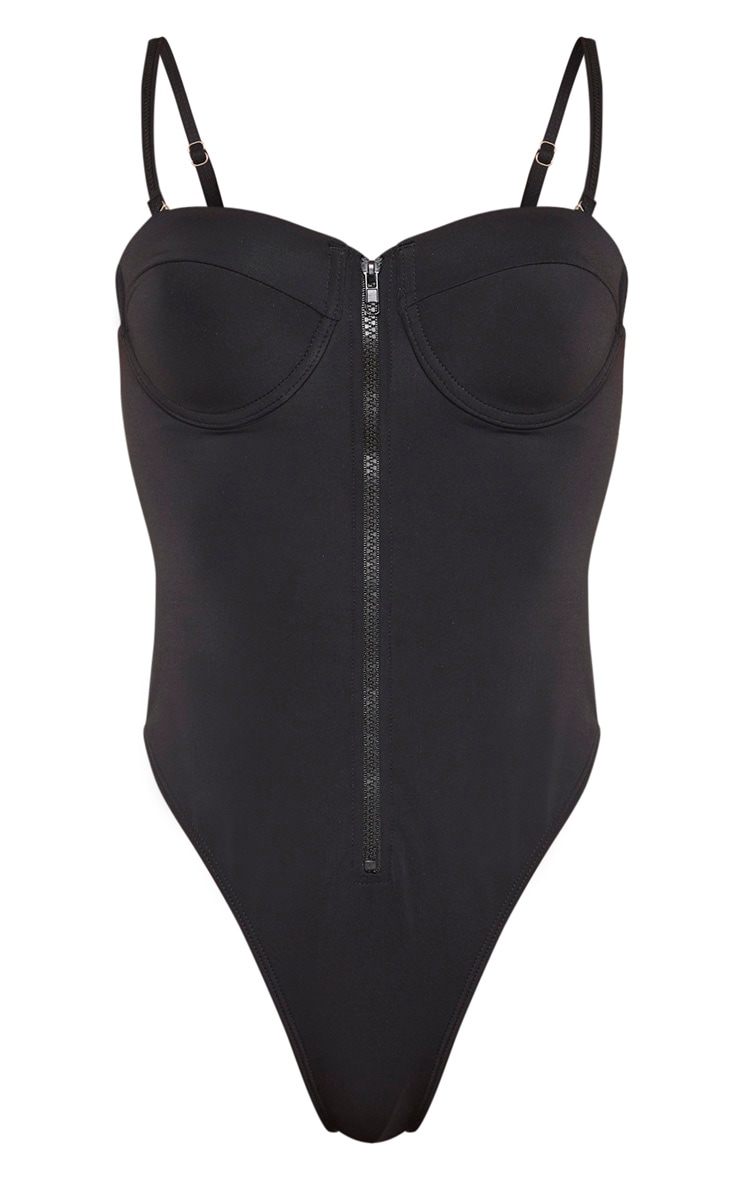 Black Zip Up Cupped Scuba Swimsuit | Swimwear | PrettyLittleThing KSA