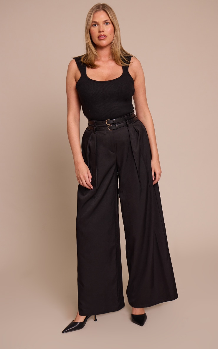 Pretty Little Thing Shape Black Double Belted Tailored Wide Leg Pant ...