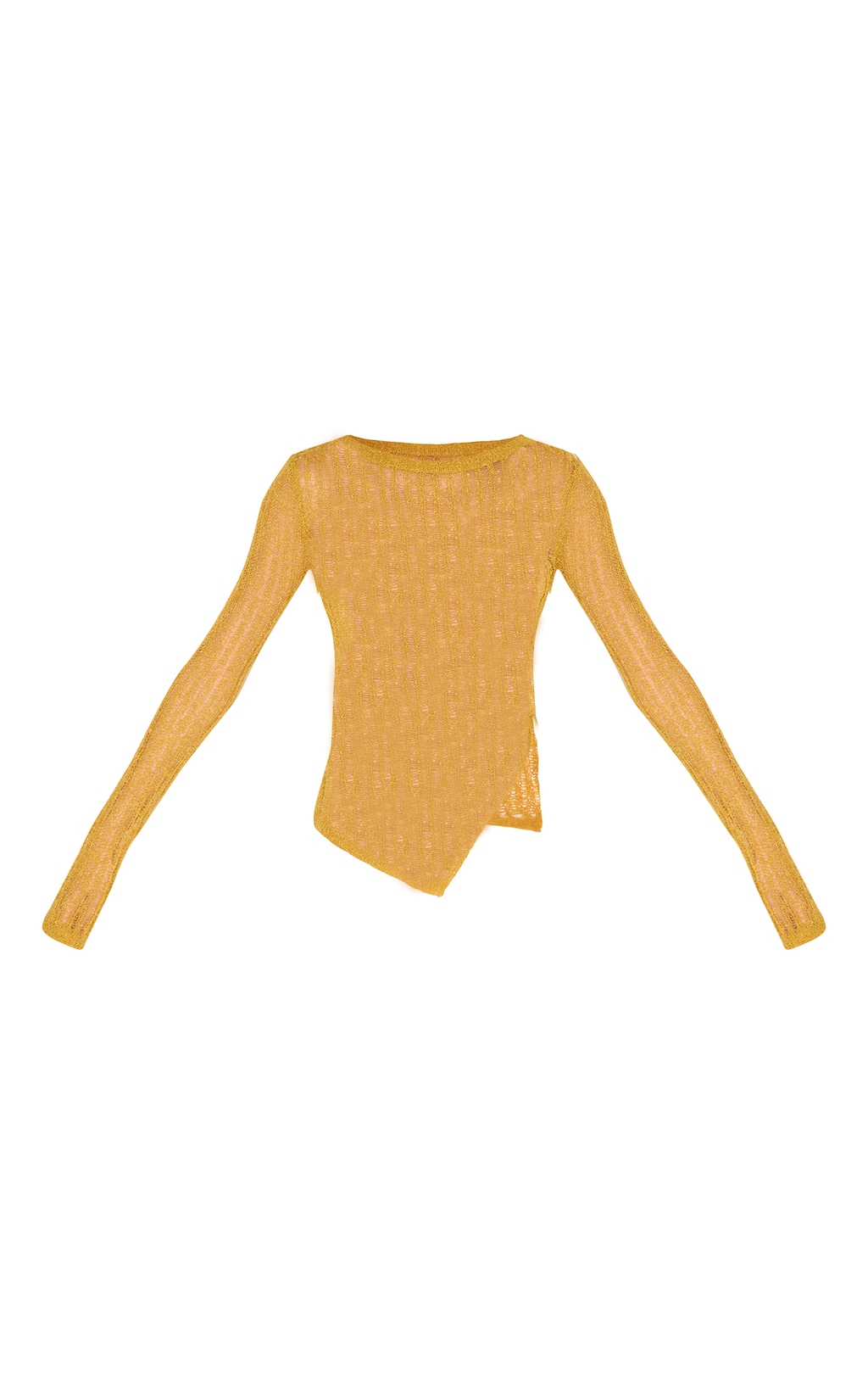 Olive Ladder Knit Sheer Asymmetric Hem Top | Knitwear | PLT USA